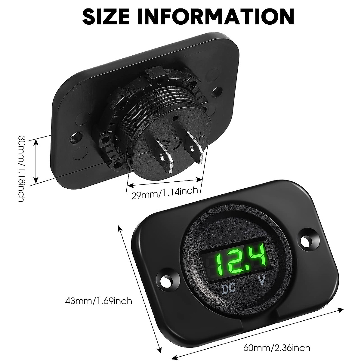BBTO 2 Pcs DC 12V 24V Waterproof Car Voltmeter with LED Digital Display Panel and Mounting Plate Round Voltage Gauge Meter with Terminal for Boat Marine Vehicle Motorcycle Truck ATV UTV (Green Light)
