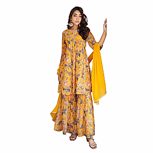 Janasya Indian Women's Yellow Georgette Digital Floral Printed Kurta with Sharara and Dupatta
