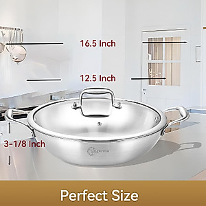 LOLYKITCH 12 Inch Tri-Ply Stainless Steel Wok Pan with Lid,5 QT Deep Stir-Fry Pan,Jumbo Cooker,Induction Cooking Pan,Heavy Duty,Dishwasher and Oven Safe.