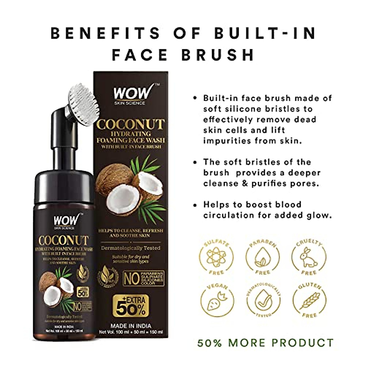 WOW Skin Science Coconut Hydrating Foaming Face Wash Cleaner with Brush- Free from Parabens, Silicones, Mineral Oil & Synthetic Fragrance - 150ml