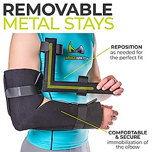 BraceAbility Elbow Immobilizer Brace | Removable Long Arm Cast and Soft Forearm Orthosis Splint for Broken Supracondylar, Distal Humerus, Proximal Ulna Fracture or Olecranon Bursitis (S/M)