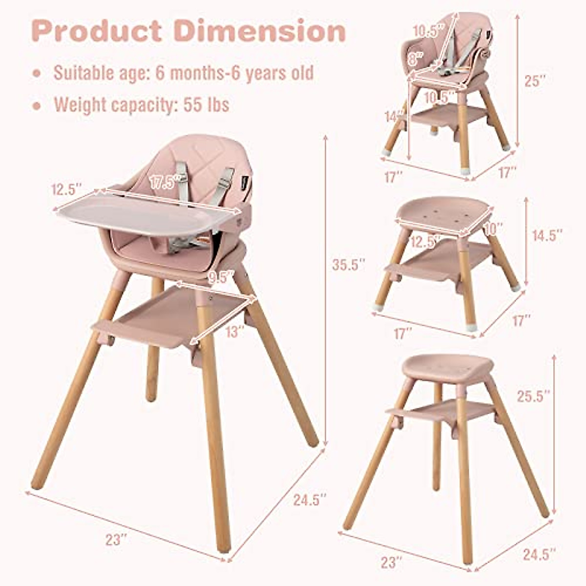 BABY JOY Baby High Chair, 6 in 1 Convertible Wooden High Chair for Babies & Toddlers with Adjustable Legs, Double Removable Tray, Safety Harness & Waterproof PU Cushion (Pink)