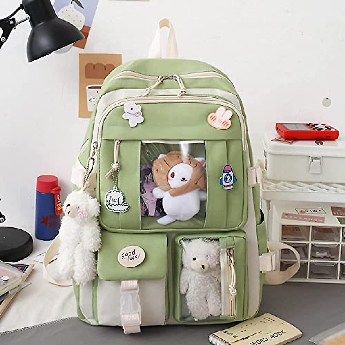 AONUOWE 5 pcs Cute Aesthetic Backpack Set for School Teens, 3 Plushies & 5 Pins & Cards Kawaii Backpack with Accessories (Green)