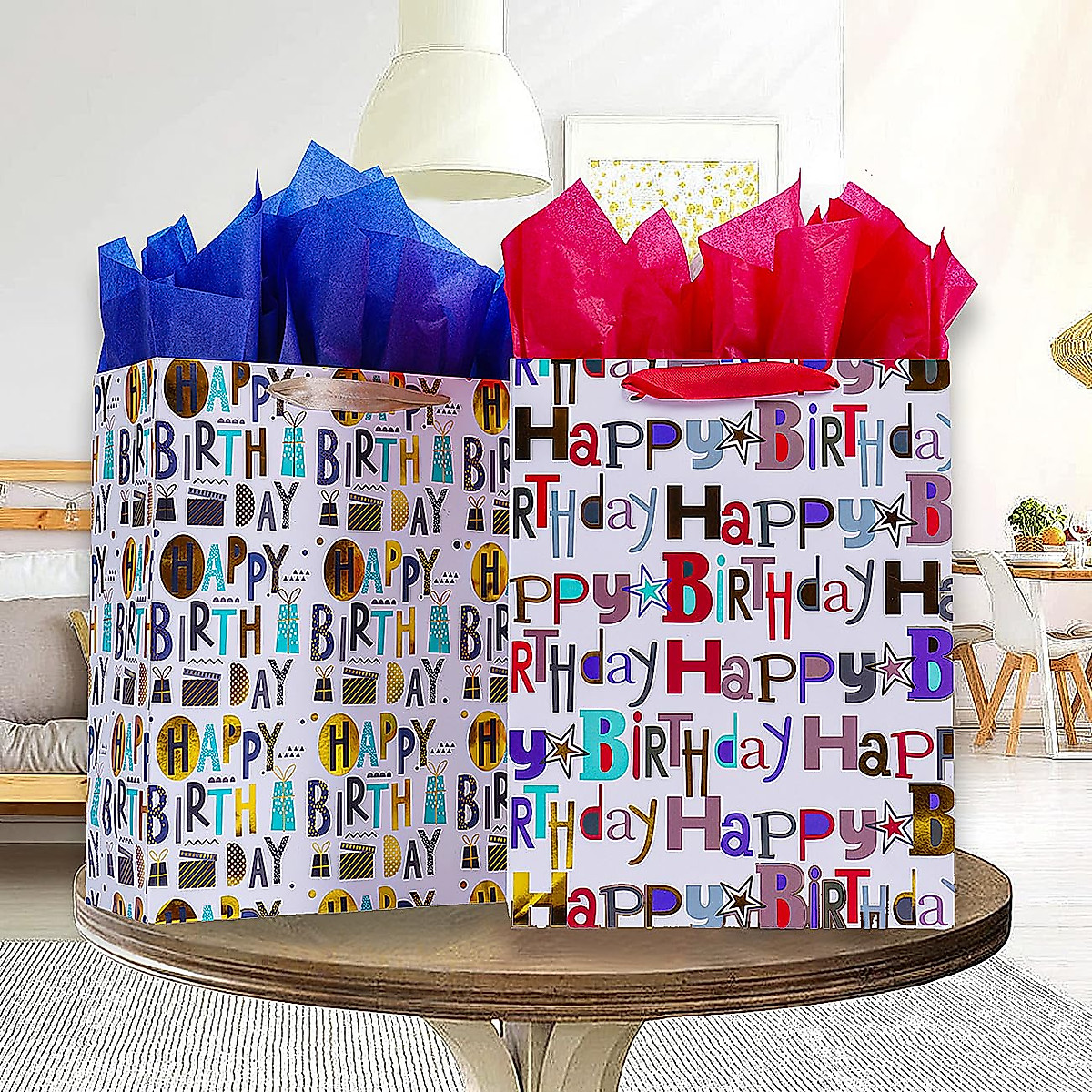 Elephant-package 2Pcs 12.6&quot; Large Happy Birthday Gift Bags with Tissue Paper for Birthday Party.