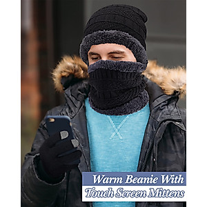 6 Pcs Men Womens Winter Hat Glove Scarf Sets Beanie Scarf Touchscreen Gloves Knit Skull Cap Fleece Neck Warm Scarf Mitten (Black, Gray)