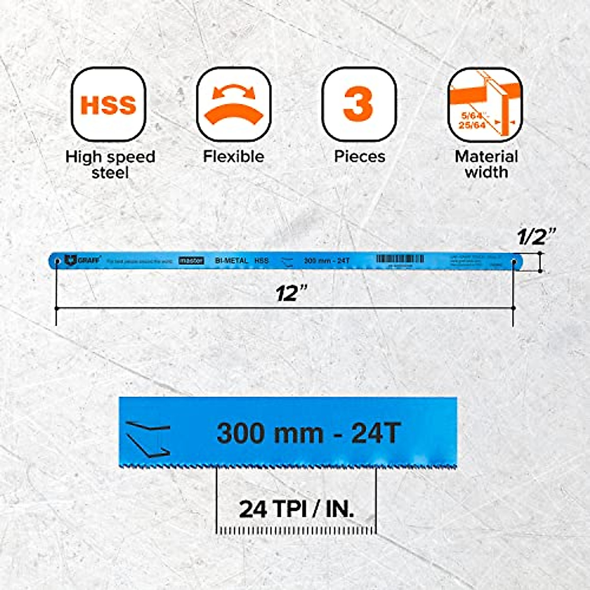 GRAFF Bi-Metal Molybdenum Hacksaw Blades 12 Inch for Metal and Steel Cutting 24 tpi - Handsaw Blades Replacement HSS