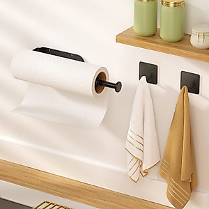 Paper Towel Holder Under Cabinet, Single Hand Operable Wall Mount Paper Towel Holder with Damping Effect, Self-Adhesive or Drilled Paper Roll Holders for Kitchen, Bathroom, RV(2 Towel Robe Hooks)
