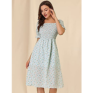 Allegra K Women's Square Neck Puff Sleeves Casual Midi Smocked Floral Dress X-Small Blue