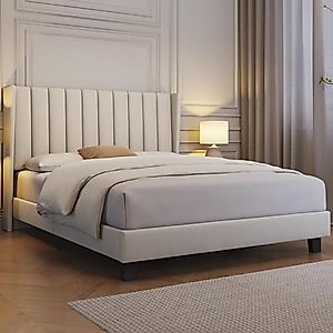 Yaheetech Full Bed Frame Upholstered Platform Bed with Fabric Headboard, Wing Edge Design/Non-Slip and Noise-Free/Wooden Slats Support/No Box Spring Needed/Easy Assembly, Beige Full Bed