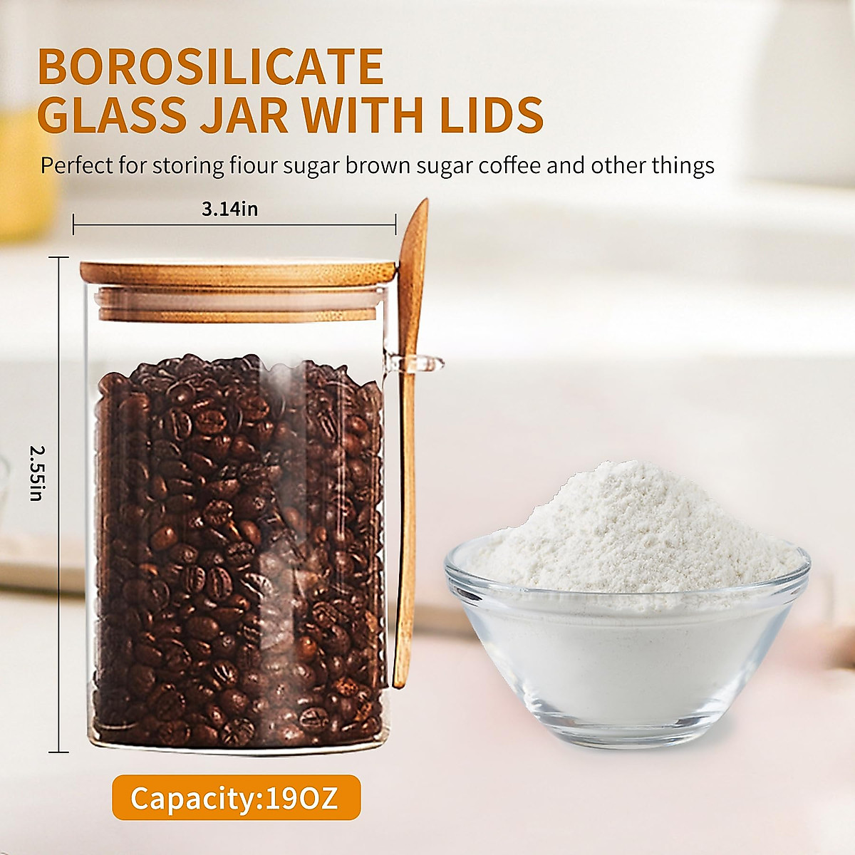 KDAWRO Airtight Glass Jars with Bamboo Lids & Bamboo Spoons, 19Oz 4PACK Borosilicate Glass Food Storage Sugar Containers, Durable Glass Canisters Hold Coffee Beans, Tea, Flour, Candy, Bath Salts