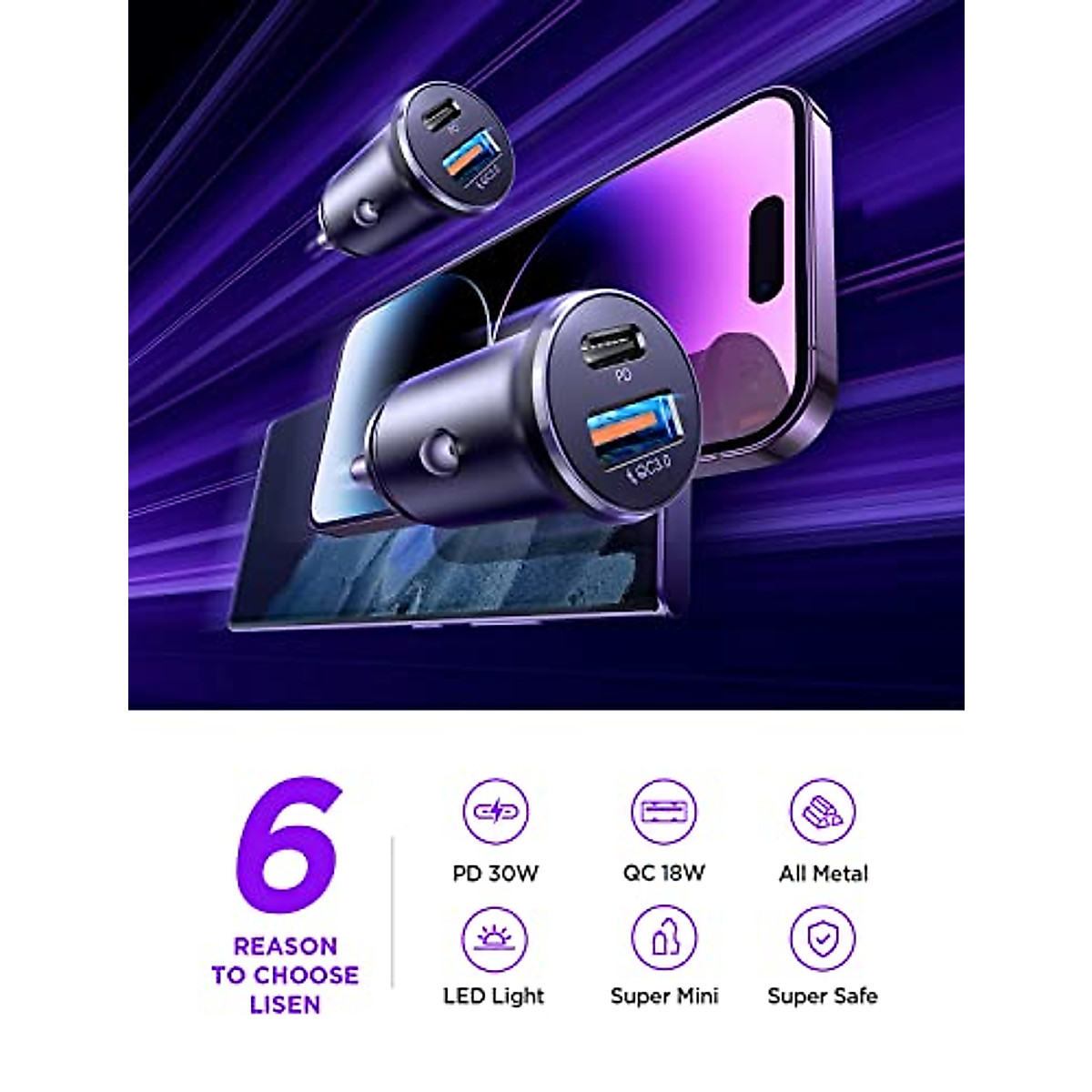 2-Pack USB C Car Charger Fast Charge, 48W Car Cigarette Lighter USB Charger[Mini&Metal], LISEN USBC Fast Car Charger Adapter Compatible with iPhone 14 Pro Max Plus 13 12, iPad Pro, Samsung, Pixel