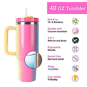 AFINSEA 40oz Tumbler with Handle,Insulated Tumbler with Lid and Straw,Double Wall Vacuum Stainless Steel Travel Mug Iced Coffee Car Cup for Hot and Cold Beverage(Fairyland Pink)