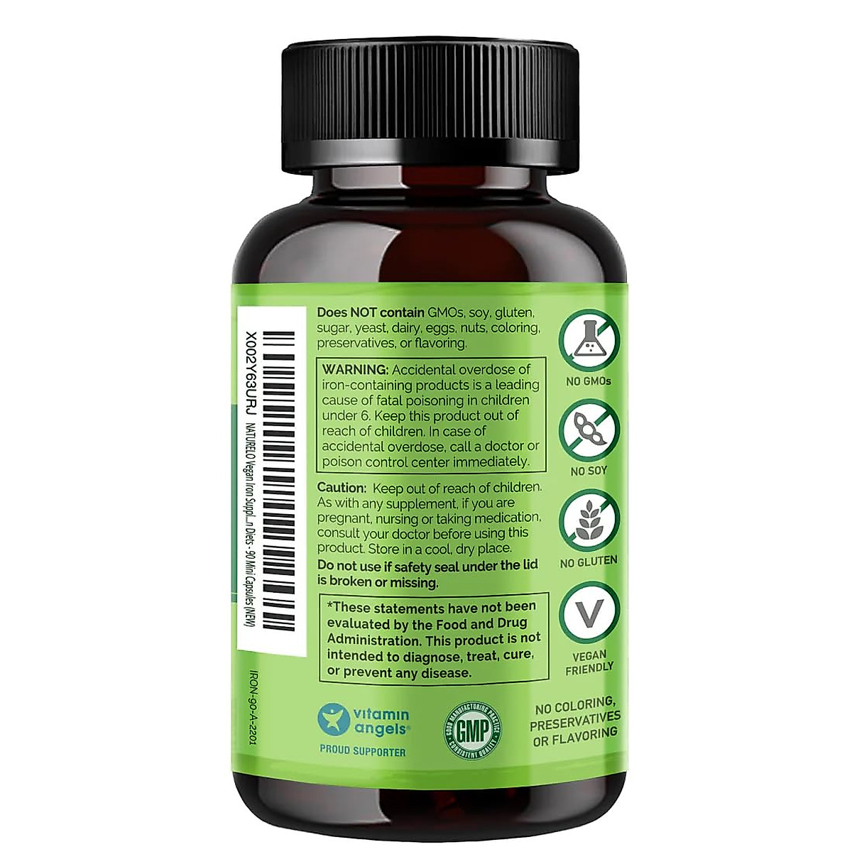 NATURELO Vegan Iron Supplement with Vitamin C and Organic Whole Foods - Gentle Pills for Women & Men w/Iron Deficiency Including Pregnancy, Anemia Diets 90 Mini Capsules