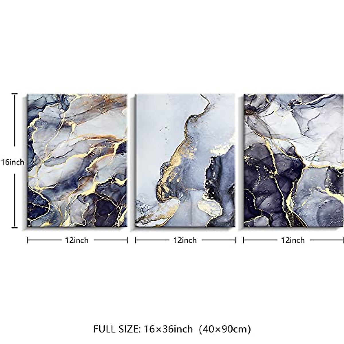 Creoate Abstract Wall Art 3 Pieces Navy Blue Gold Canvas Painting Print Wall Art Wrapped Canvas Art Set Modern Home Office Wall Decor for Living Room, Ready to Hang