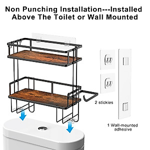 FLOLXNB 2 Tier Bathroom Storage Shelf, Wooden Toilet Shelf Organizer, Over The Toilet Storage Shelf,Toilet Storage Rack with Paper Holder and Hooks, No Drilling Wall Mounted Storage Rack, Black