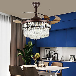Ruiwing 42" Luxury Ceiling Fan Contemporary Chic Crystal Chandelier Fan Brown Retractable Ceiling Fans Light LED 3 Color Setting for Bedroom Living Room