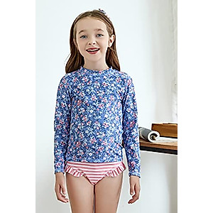 UMELOK Toddler Girls Rashguard Set Swimwear 2-Pieces Long Sleeve Bathing Suit Swimsuit Sets Light Purple/Pink, Floral/Stripe 5T
