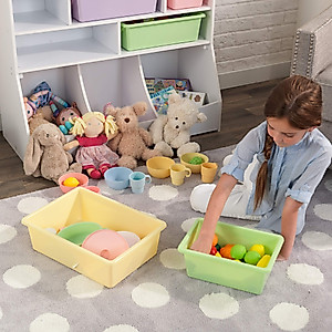 KidKraft Wooden Wall Storage Unit with 8 Plastic Bins and 13 Compartments - White, Gift for Ages 3+