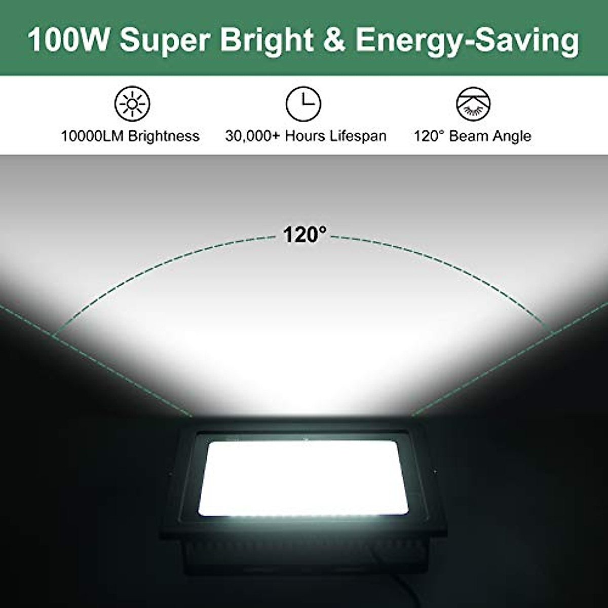 GLORIOUS-LITE 2 Pack 100W LED Flood Light Outdoor, 10000LM LED Work Light with Plug, 6000K Daylight White, IP66 Waterproof Outdoor Floodlights for Yard, Garden, Playground