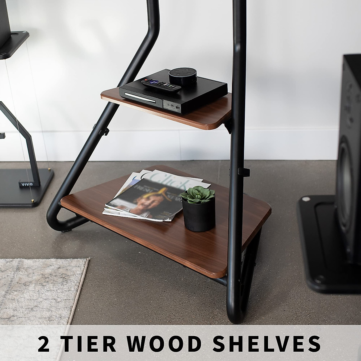 VIVO Corner TV Floor Stand, 37 to 75 inch LED LCD Screen TV Display Mount, Height Adjustable, 2 Storage Platforms, Max VESA 600x400mm, Dark Walnut Shelves, Black Frame, STAND-TV75BH