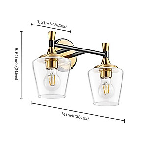 LOXYEE Gold Bathroom Vanity Light ，2-Lights Vintage Vanity Lights fixtures with Glass Shade,Gold and Black Bathroom Lights Over Mirror,for Living Rooms, Bedrooms, Hallways (Exclude Bulb)