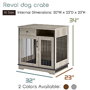 DOSSMBOLA 32'' Wooden Dog Crate Furniture for Medium Small Dogs, Dog Kennel Dog Crate with Pull-Out Tray, Storage Drawer, End Table Dog Cage - Gray