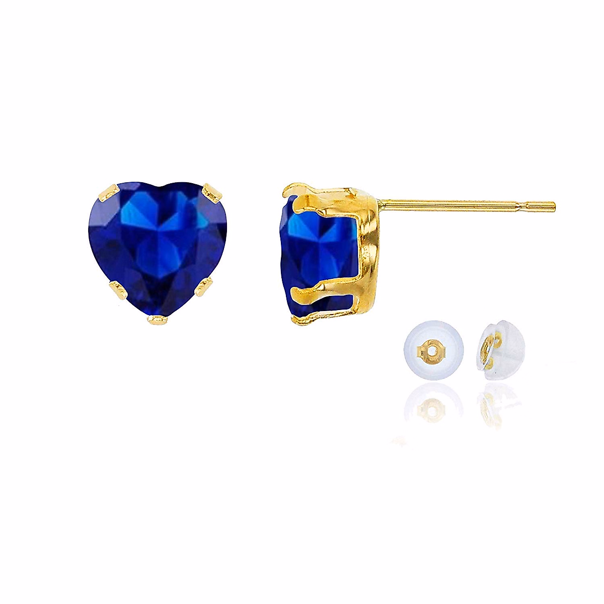 Genuine 14K Solid Yellow Gold 6x6mm Heart Created Blue Sapphire September Birthstone Stud Earrings