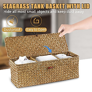 TaoTazon Woven Basket for Toilet With Lid, Seagrass Tank Woven Basket Organizer with 3 Sections, Toilet Tank Basket with Wood Tray for Toilet, Dresser(Big Size: 16.6 * 5.7 * 5.5inch)