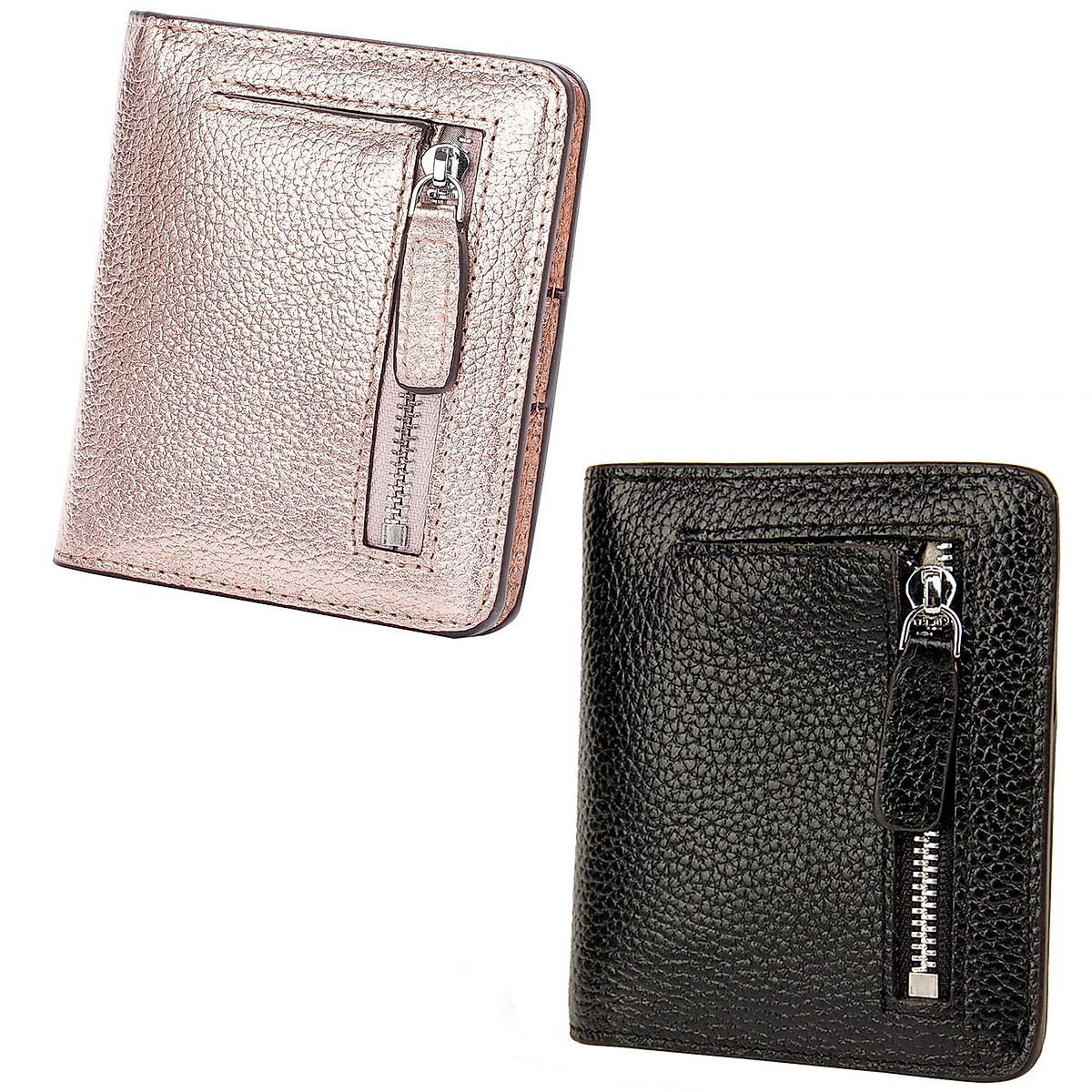 AINIMOER Women Leather Wallet RFID Blocking Small Mini Bifold Zipper Pocket Card Case Champaign Gold and Black Bundle