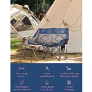 DEERFAMY Foldable Camping Loveseat with Cooler Bag and Cup& Wine Glass Holder,Portable Double Camping Chair for Adults with Padded Seats & Armrests, Heavy Duty Outdoor Loveseat Supports up to 530lbs