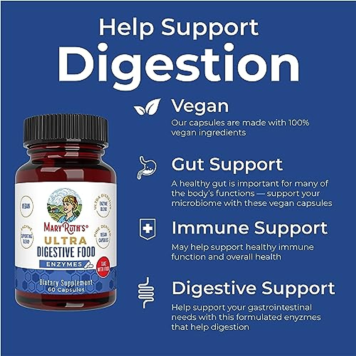 MaryRuth Organics Ultra Digestive Enzymes Capsules | Up to 2 Month Supply | Supplement for Gut Health Support | Digestion & Immune Support with Amylase | Lipase & Lactase | Vegan | 60 Count