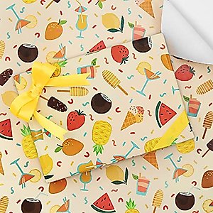 Hawaiian Gift Wrap 6 PCS,20 X 28 Inch Summer Yellow Wrapping Paper,Watermelon Orange Pineapple Lemon Strawberry Pattern Funny Tropical Wrapping Paper For Birthday Baby Shower Aloha Hula Party Decor