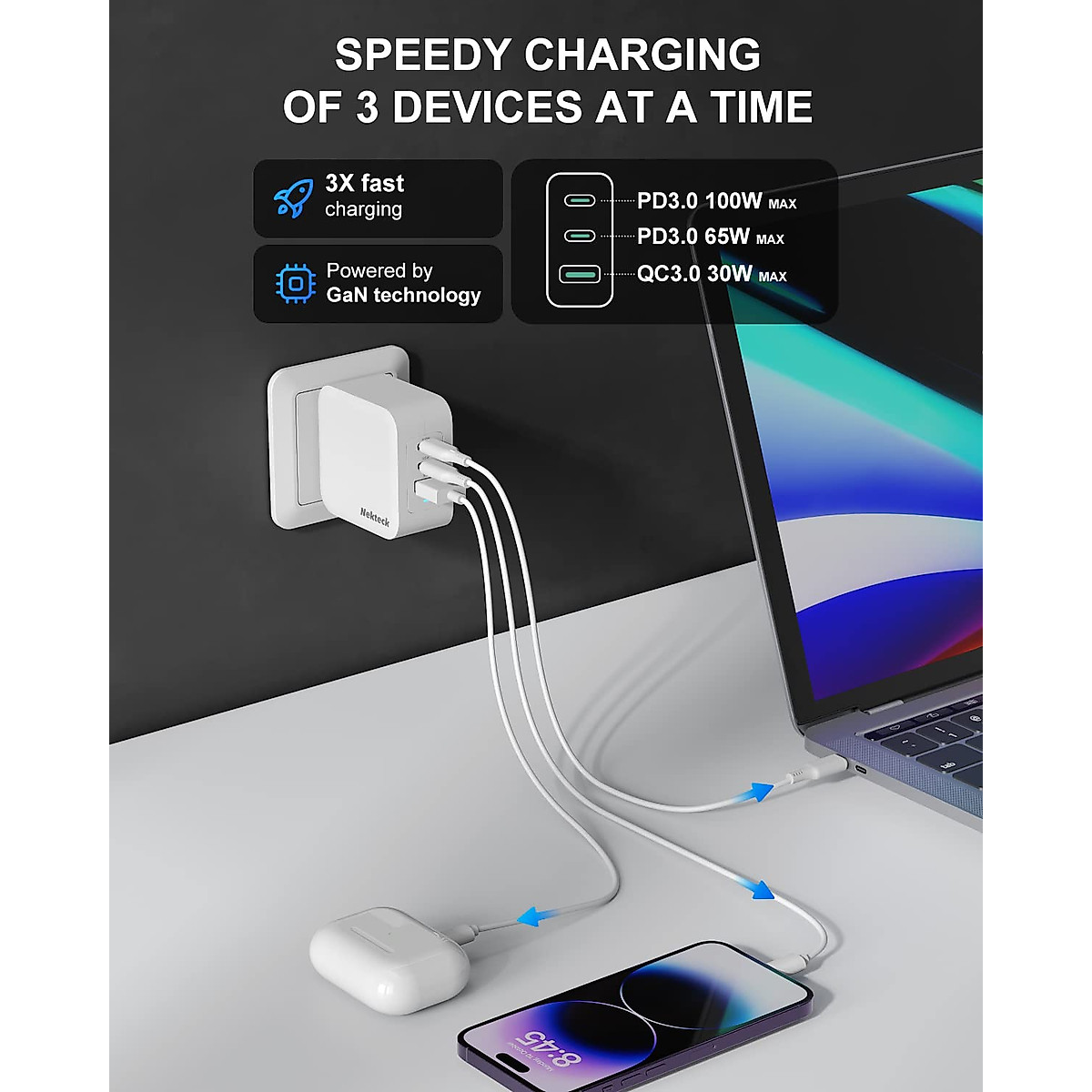 Nekteck GaN Charger 100W USB C Charger 3-Ports with PD.3 and QC.3, Compact Fast Foldable Wall Charger for iPhone 15 Series, MacBook Pro/Air, Google PixelBook, ThinkPad, Galaxy S22/S20 and More