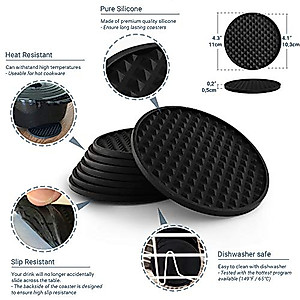 Barvivo Black Silicone Coasters for Drinks - Anti Slip Coaster Sets with Holder, 8 Pack - Cup Coasters for Tabletop Protection in Office or Home - Unbreakable Table Coaster for Outdoor and Indoor