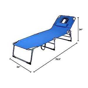 BANGTANE Tanning Chair, Lounge Chair for Outside, Portable Folding Beach Lounger w/ 5 Backrest Positions, Face Hole & Removable Pillow, 331LBS, Ideal for Poolside, Beach, Garden (Blue)
