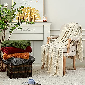 Longhui bedding Chunky Cable Knit Throw Blanket Lightweight Olive Green 100% Organic Cotton Blanket for Sofa Couch Bed Baby Nursery, Rustic Shabby Chic Modern Farmhouse, 51” x 63” Give Laundering Bag