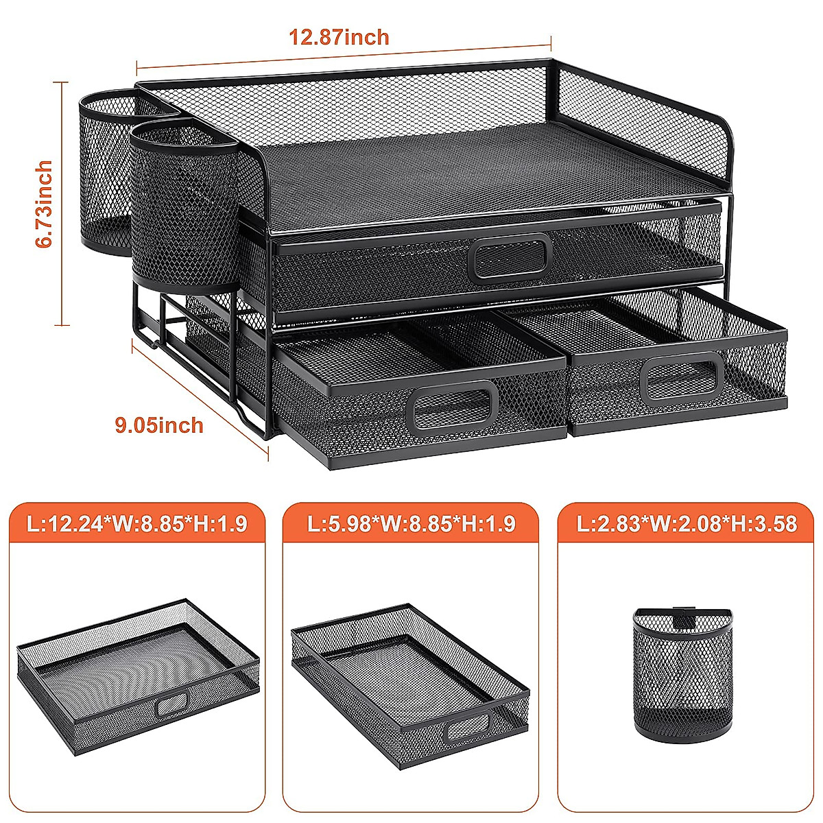 Marbrasse 3 Tier Mesh Desk Organizer with Drawer, Multi-Functional Desk Organizers and Accessories, Paper Letter Organizer with 2 Pen Holder for Home Office Supplies - Black