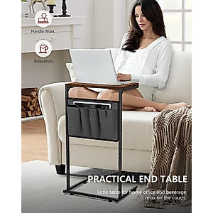 Vantic C Shaped End Table, Small Couch Side Table with Storage Bag, Sturdy Slide Under Sofa Table with Metal Frame for Living Room & Bedroom (16" L x 11.6" W x 28" H), Rustic Brown