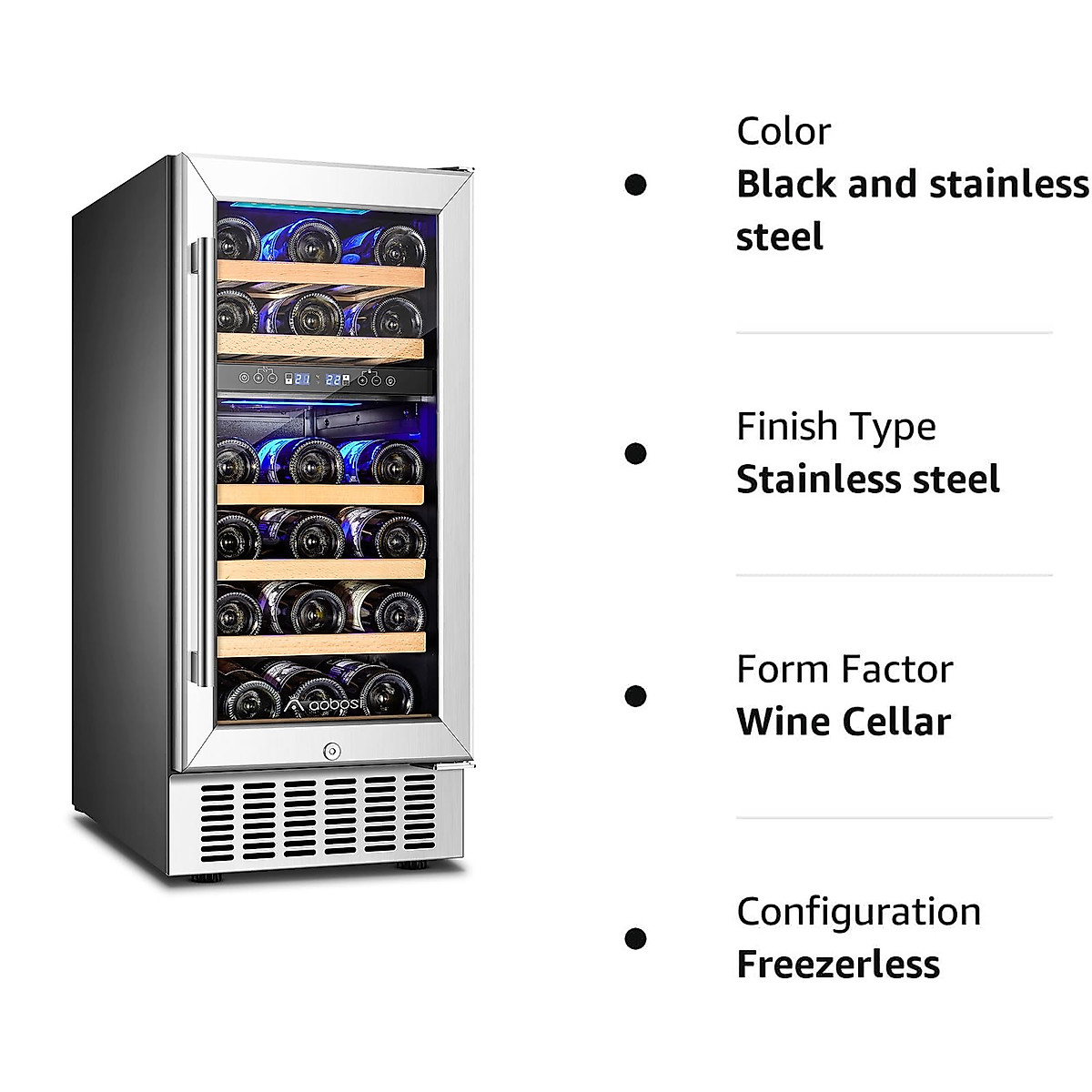AAOBOSI 28 Bottles Wine Fridge, 15 Inch Dual Zone Wine Cooler with 6 Adjustable Shelves and Safety Lock, Digital Touch Screen, Low Noise Compressor Wine Refrigerator, Temperature Memory Function