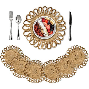 MORE Jute Hand Braided Placemats Set of 6 | 15 Inches Round Tablemats for Kitchen Dining Table Top Rug Mats & Dinner Table Plate Pads Mates | Rustic Natural Fiber Vintage Rugs Mat, Natural Beige