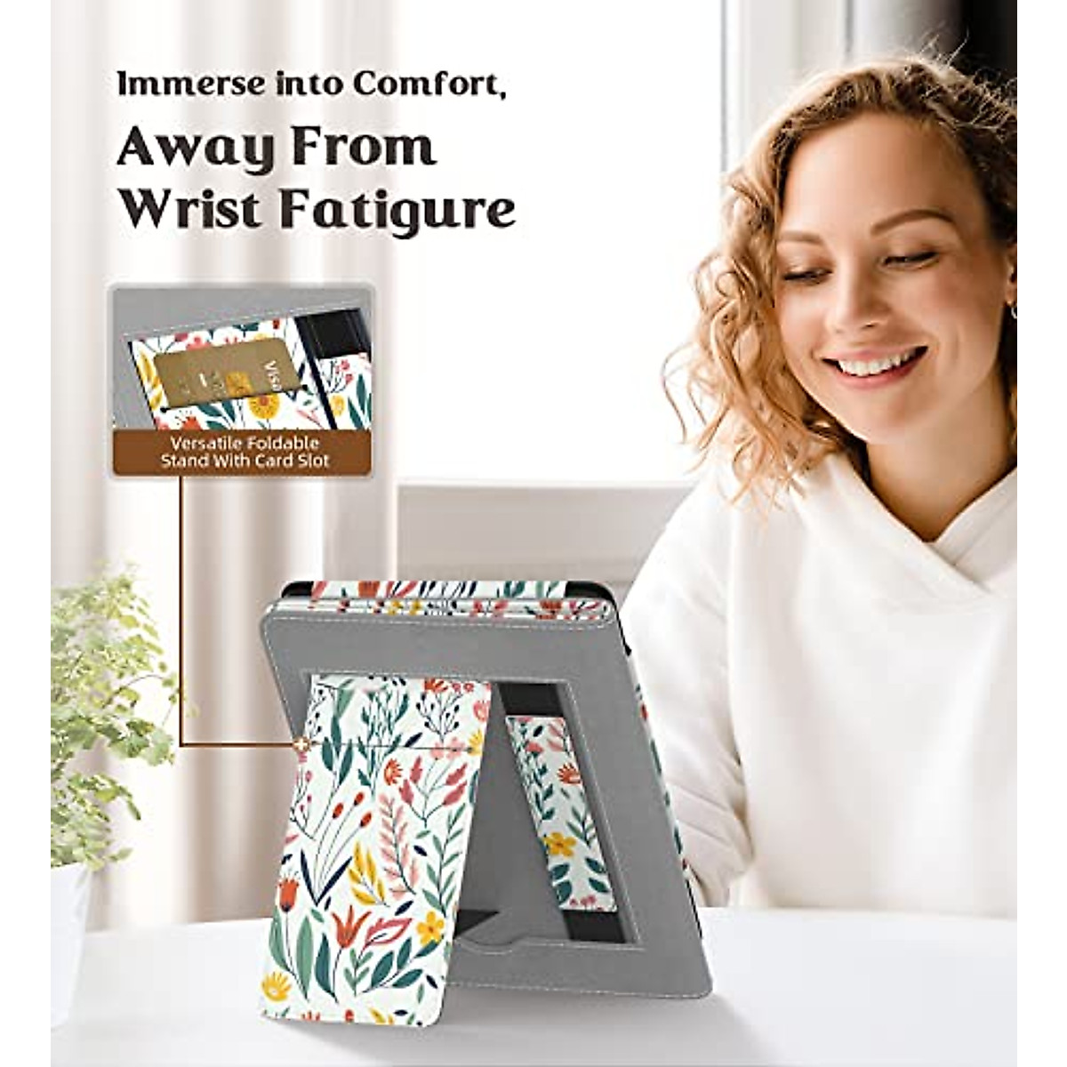 MoKo Case Fits All-New 6" Kindle (11th Generation, 2022 Release)/ Kindle (10th Gen,2019)/Kindle (8th Gen, 2016), Ultra Lightweight PU Shell Cover with Auto Wake/Sleep for Kindle 2022, Flowers