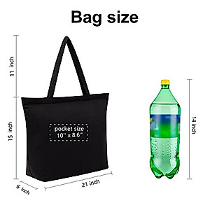 Pshet 1|2 Pack 21'' Canvas Tote Bag Zipper Cotton Bag with Inner Pocket Reusable Grocery Shopping Bag 12oz Cloth Bag DIY Gift,black,pack of 1