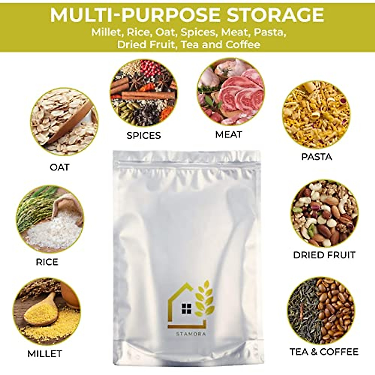 Stamora 1 Gallon Mylar Bags - 25 Pack Resealable Mylar Bags for Food Storage 1 Gallon with Stand Up Design | Extra 5 Mil Thick Mylar Bags with with Transparent Front Side | 10" X 14"