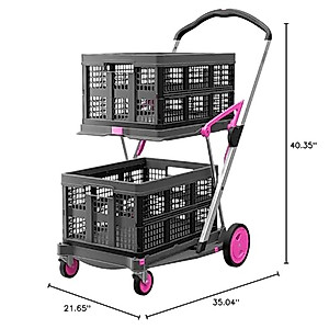 CLAX® The Original | Made in Germany | Multi Use Functional Collapsible Carts | Mobile Folding Trolley | Storage Cart Wagon | Shopping Cart with 2 Storage Crates (Pink)