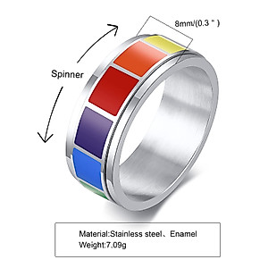 ANIEJUFI Stainless Steel Rainbow LGBT Spinner Ring Gay Lesbians Pride Jewelry Fidget Band Rings for Men Women Silver Size 12