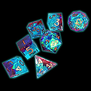 FOXBITE Sharp Dice 7 DND Dice Sets Polyhedral Teal Swirl Black with Sequins Inside with Gorgeous Box Case for DND Dungeons and Dragons (Teal Swirl Black with Sequins) (Fairies)