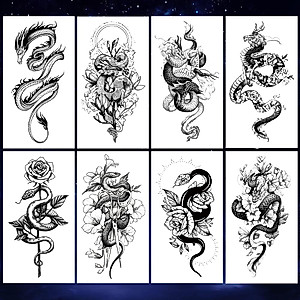 Oottati 8 Sheets Waterproof Arm Leg Fake Temporary Tattoo Dragon Snake Cross Rose Flower