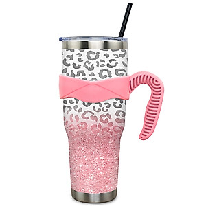 Exacmos 40 oz Tumbler with Handle and Straw 40 oz Leopard Cup Insulated Stainless Steel Coffee Travel Mug Spill Proof Leak Proof Slim 40oz Tumbler with Handle Leopard Decor Stuff Gifts for Women