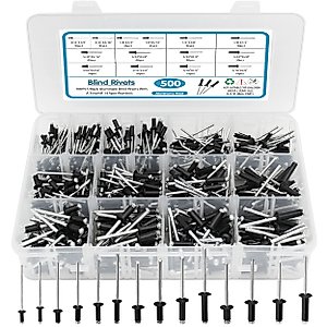 SATANTECH 500pcs Black Rivets Pop Rivets Assortment Kit, 14 SAE Sizes Aluminum Rivets (3/32" 1/8" 5/32" 3/16"), Assorted Blind Rivets with Reinfored Divider & Labeled Case for Storage
