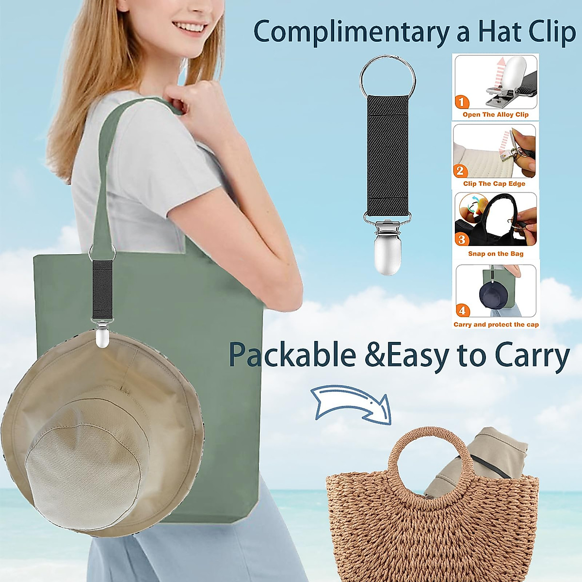 vidsel Womens Sun Hats Wide Brim Reversible Bucket Cotton Hat Packable Summer Travel Cap with Hat Clip,UV Protection Beige